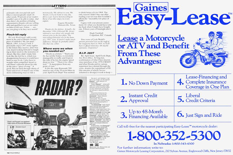 Gaines Motorcycle Leasing Corporation | Cycle World | JULY 1985